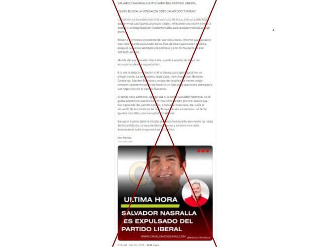 Es falso que Salvador Nasralla fue expulsado del Partido Liberal